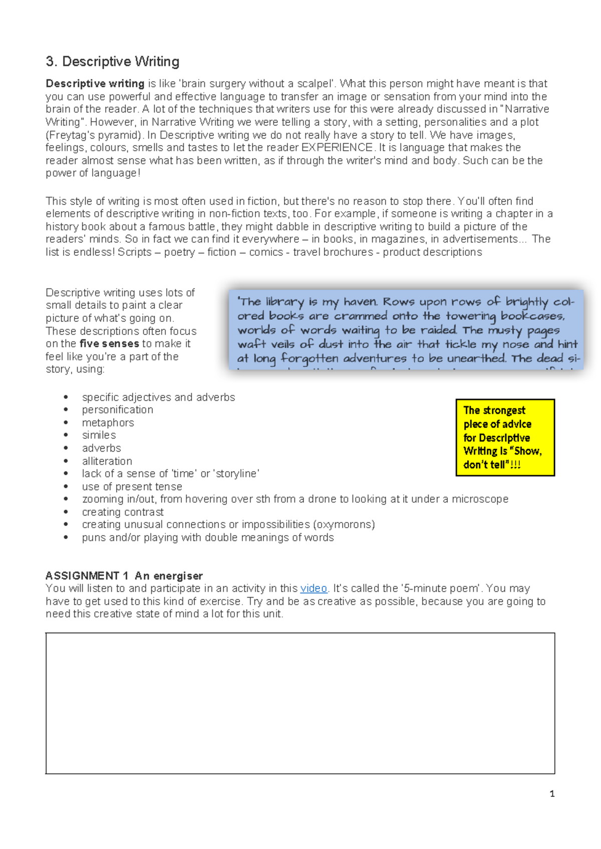 Descriptive Writing Techniques - ENG 101 Course Notes - Studeersnel