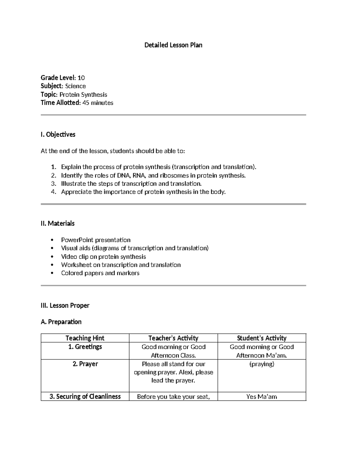 Science 10 Lesson Plan: Understanding Protein Synthesis - Studocu