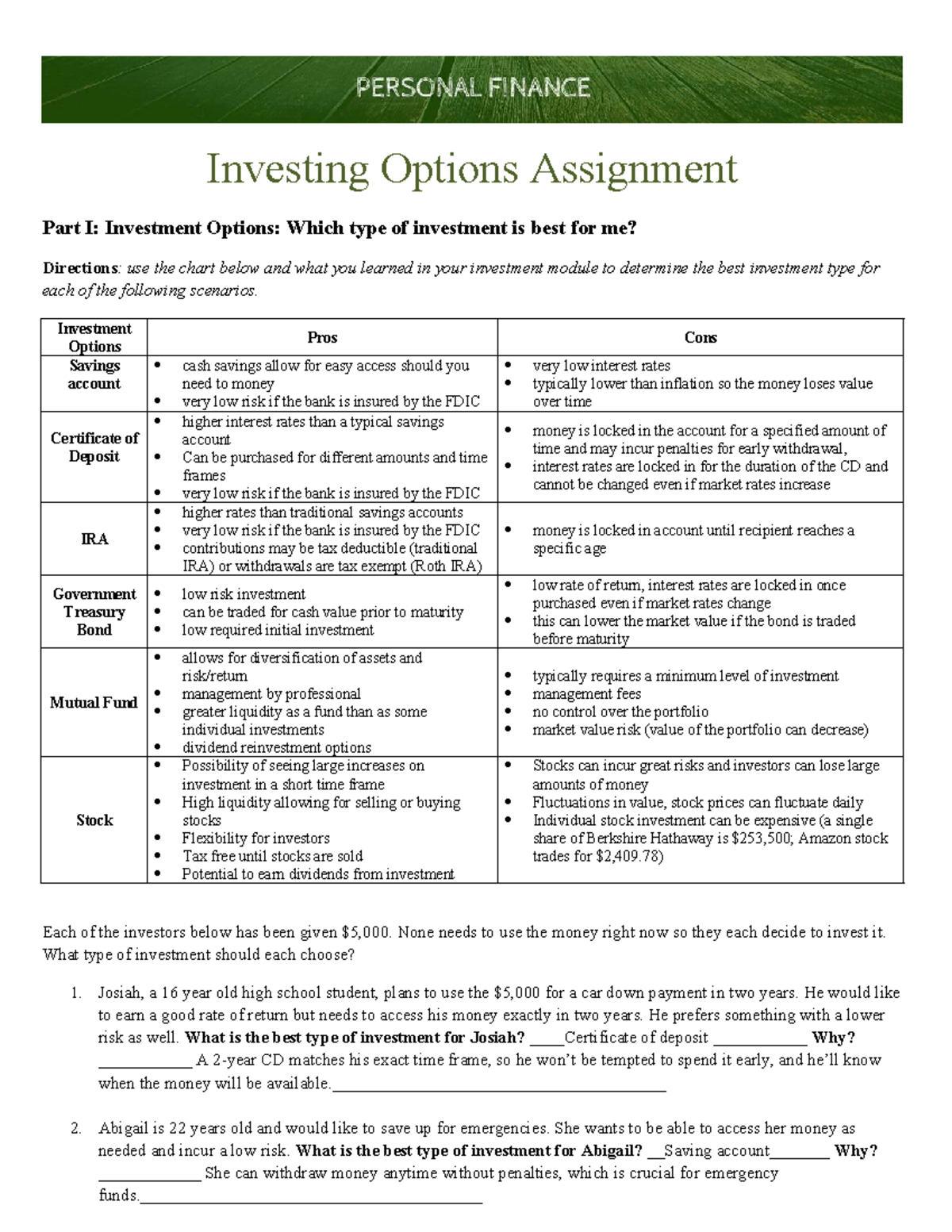 A4.06.1 Investing Options Assignment: Best Investment Choices Explained - Studocu