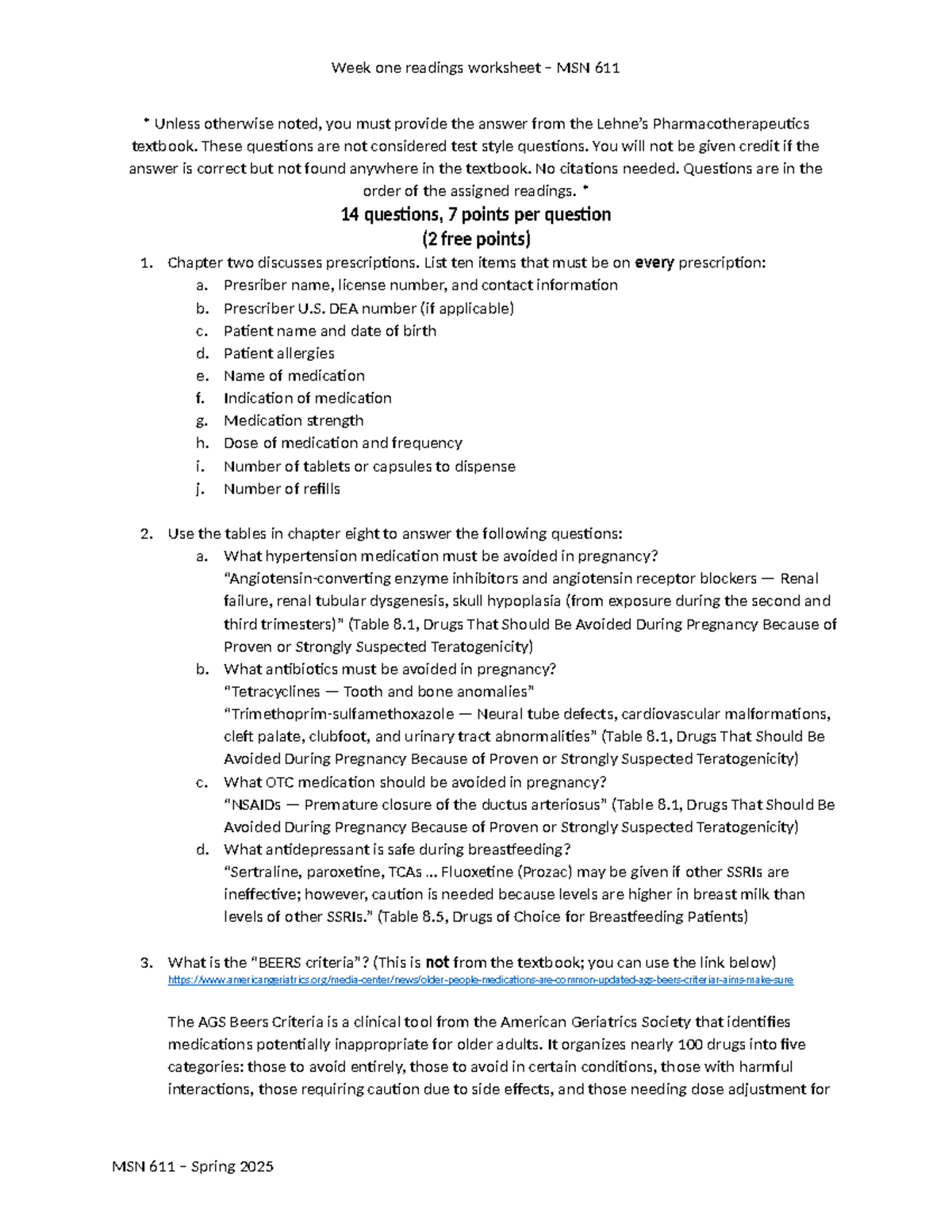 Week 1 Readings Worksheet for MSN 611: Pharmacotherapeutics Insights ...