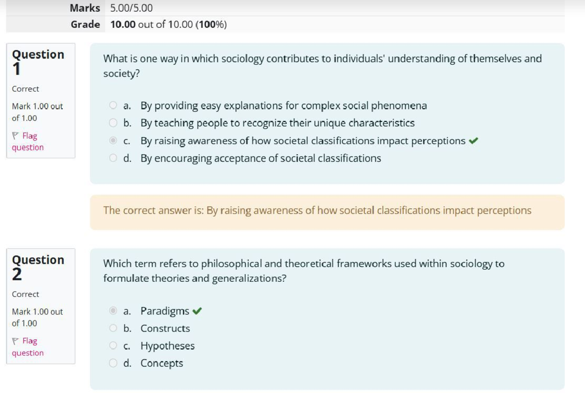 Sociology Unit 1 Self Quiz: Understanding Society and Self - Studocu