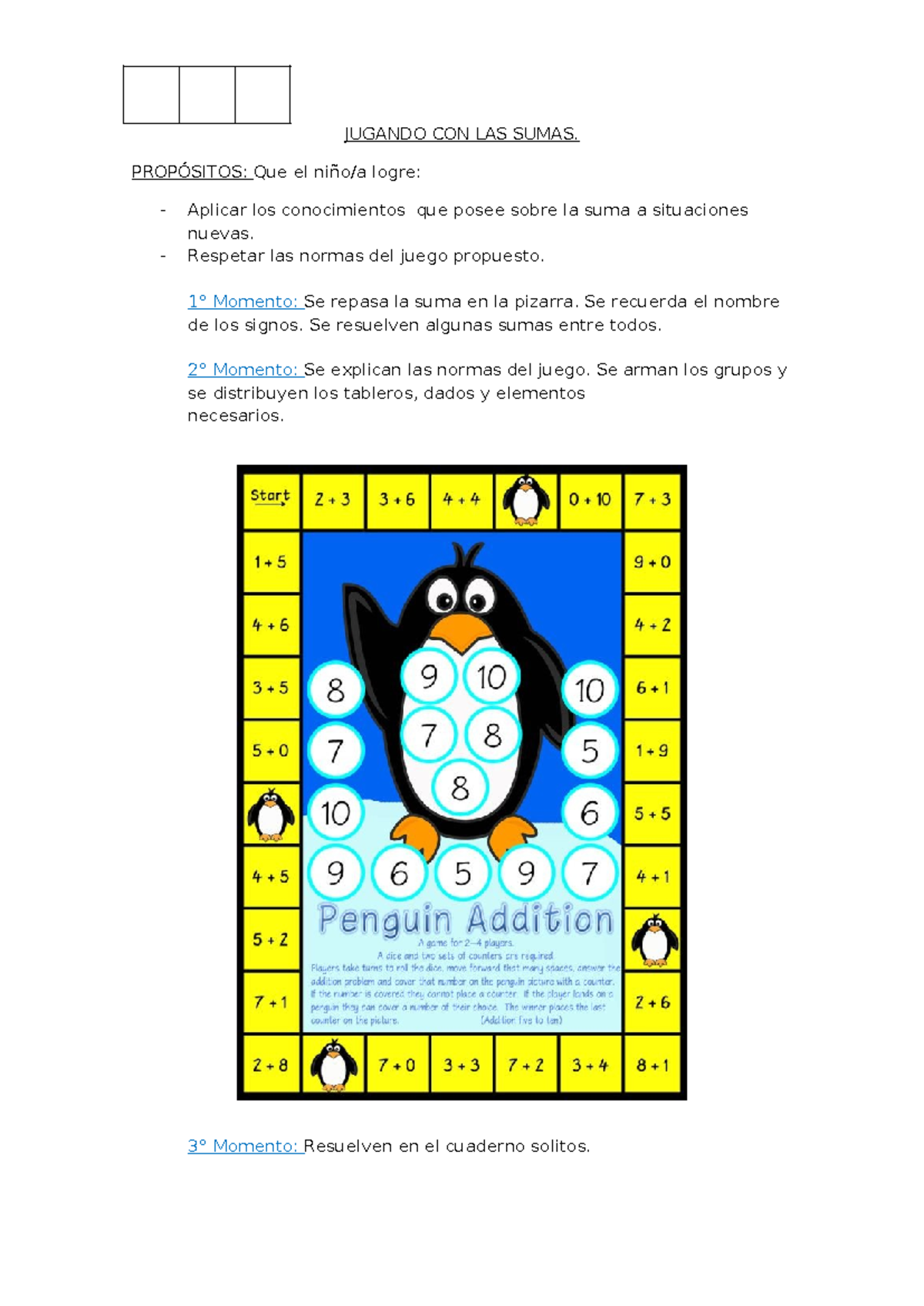 Jugando CON LAS Sumas - JUGANDO CON LAS SUMAS. PROPÓSITOS: Que el niño ...
