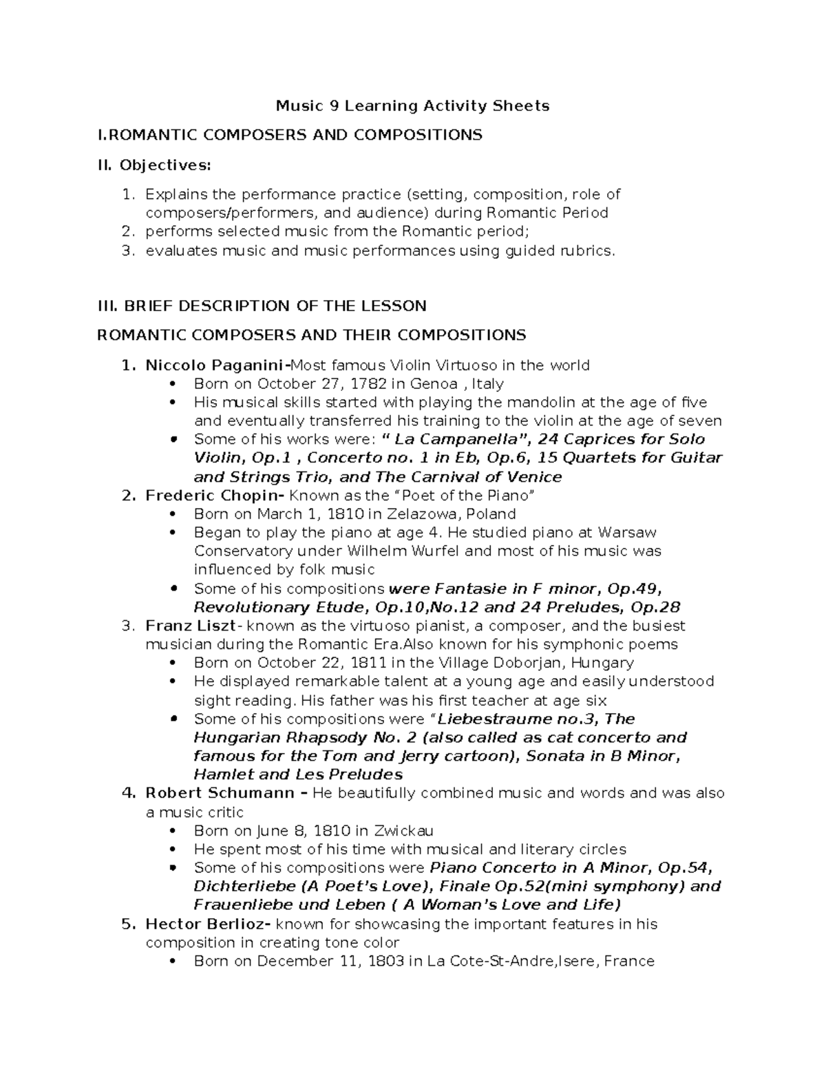 Music 9 Q3 Week 2 Activity Sheets: Romantic Composers & Their Works ...