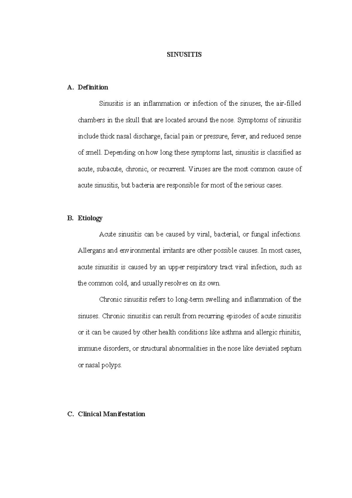Nursing Care Plan for Sinusitis (NUR 255088961) - Studocu