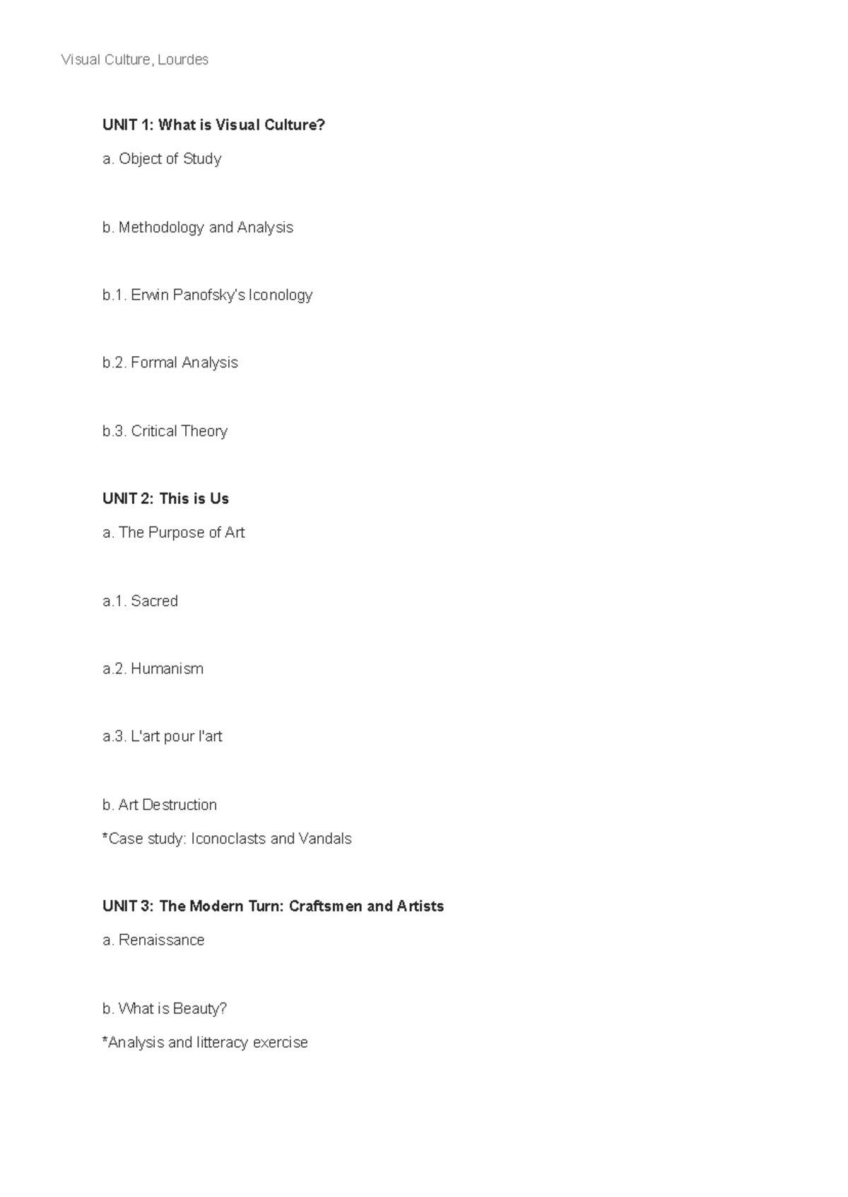 Visual Culture CLASS OUTLINE: Units on Art, Methodology & Analysis ...