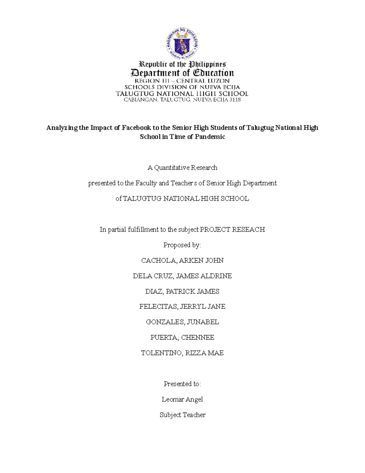 Grade 12: Practical Research on Facebook's Impact During Pandemic - Studocu