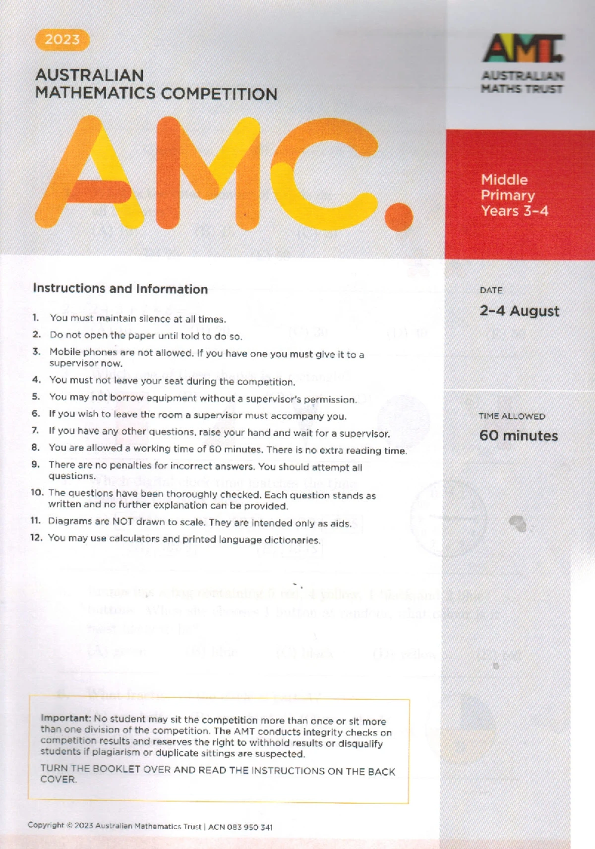AMC 2023 - Junior Division Practice Paper for Australian Math Comp ...