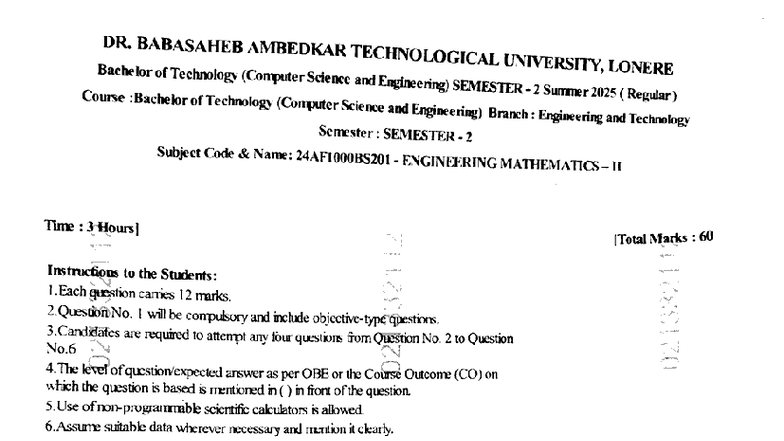 BTech CSE 2nd Sem Engineering Mathematics II Exam 24AF1000BS201 - Studocu