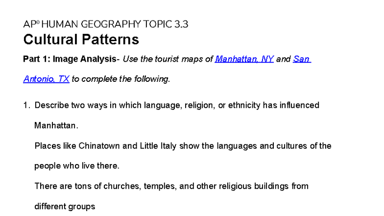 HUMAN GEOGRAPHY 3.3 Cultural Patterns Exercise: Language & Religion ...