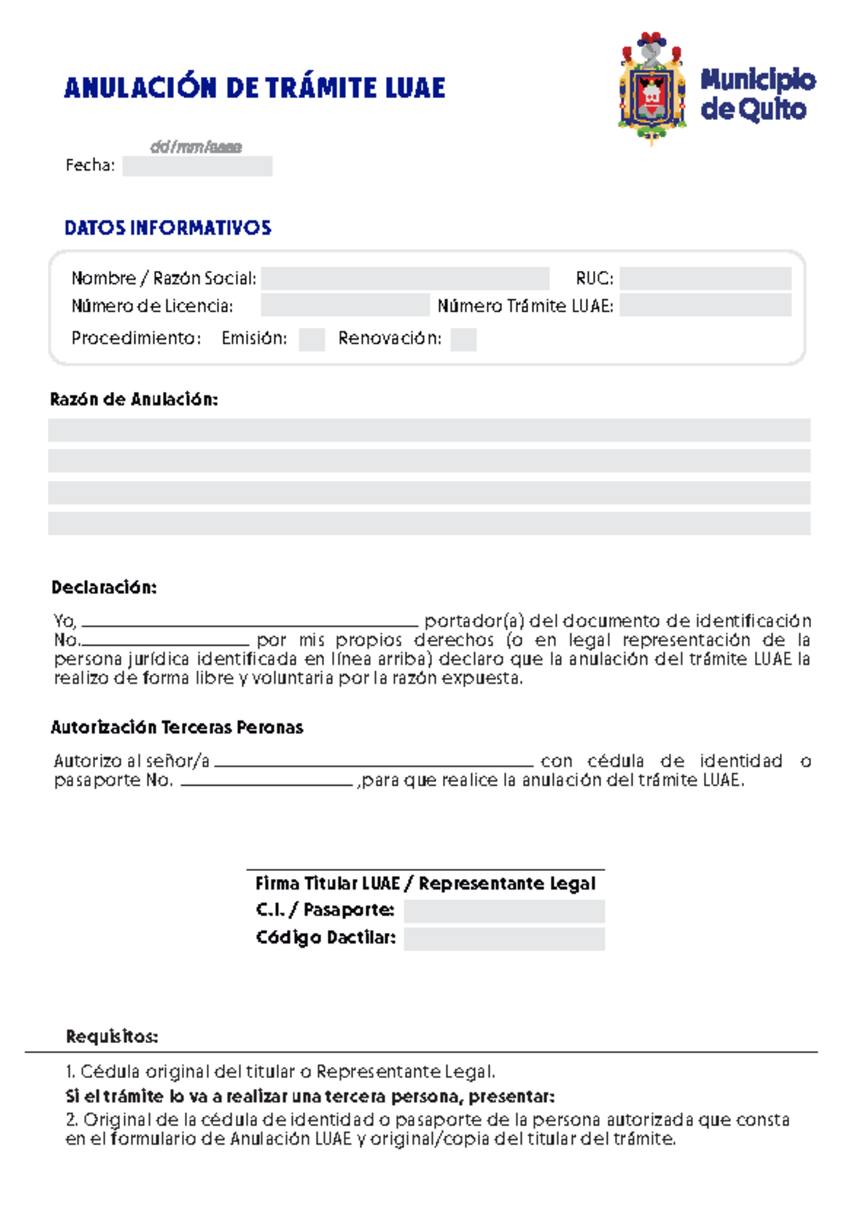 Formulario de Anulación tramite LUAE - DATOS INFORMATIVOS Fecha: Nombre ...