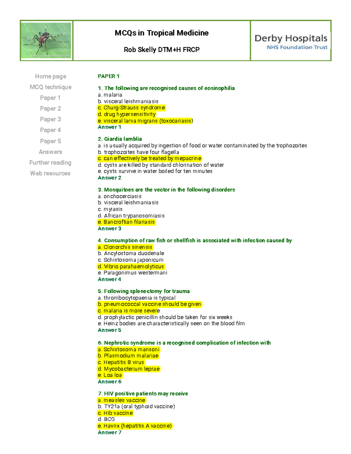 MCQs in Tropical Medicine - DTM+H Paper 1 Review - Studocu