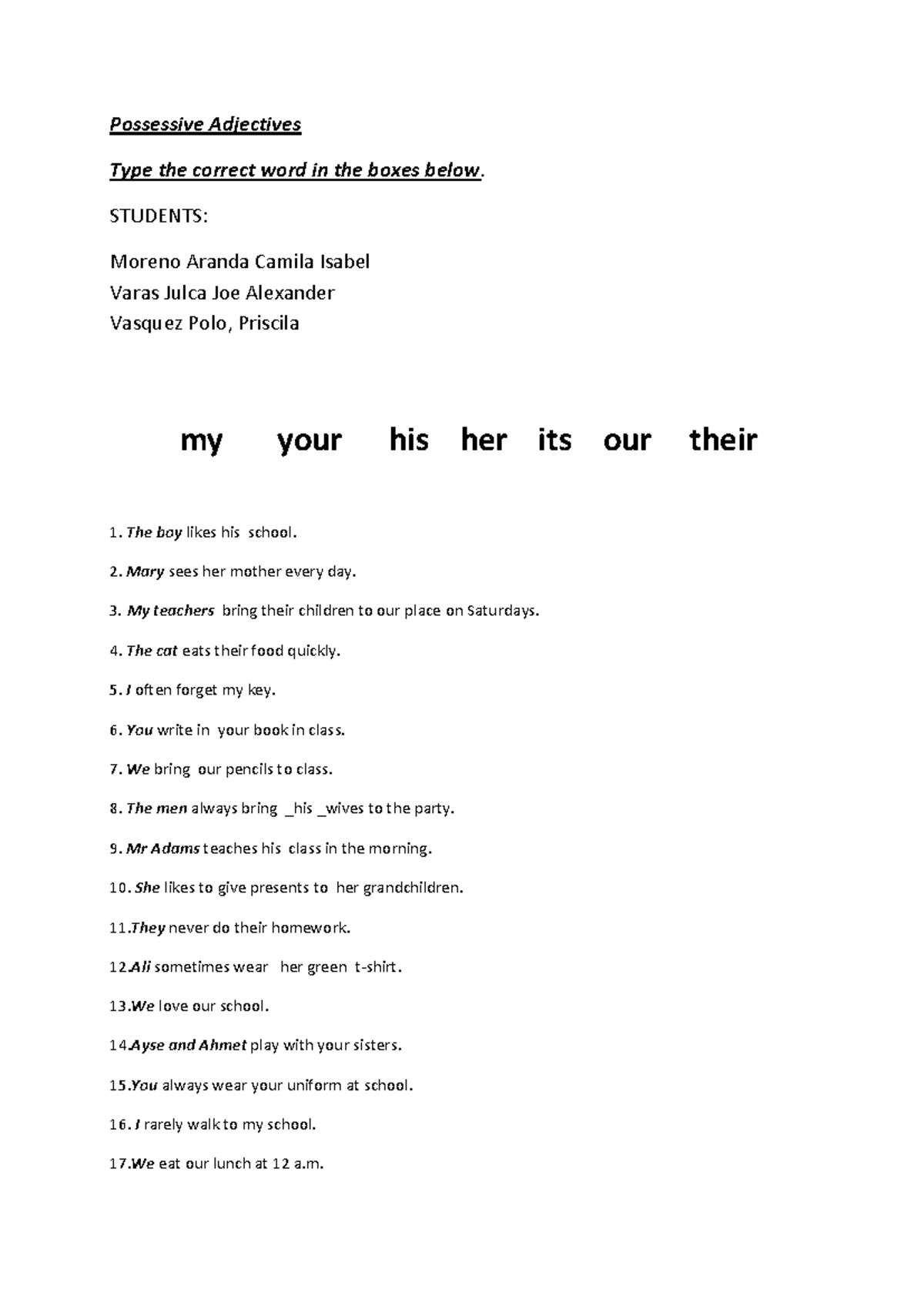 Possessive Adjectives Worksheet 1: Fill-in-the-Blank Exercises - Studocu