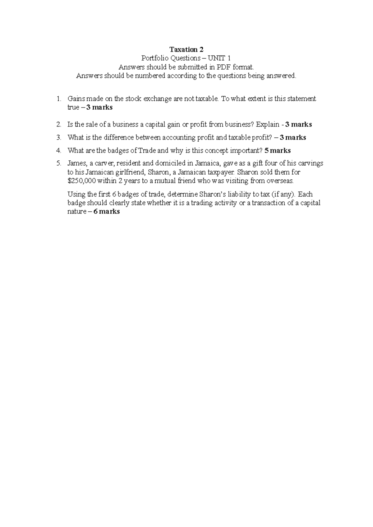 Taxation 2 - Unit 1 Portfolio Questions & Answers Guide - Studocu
