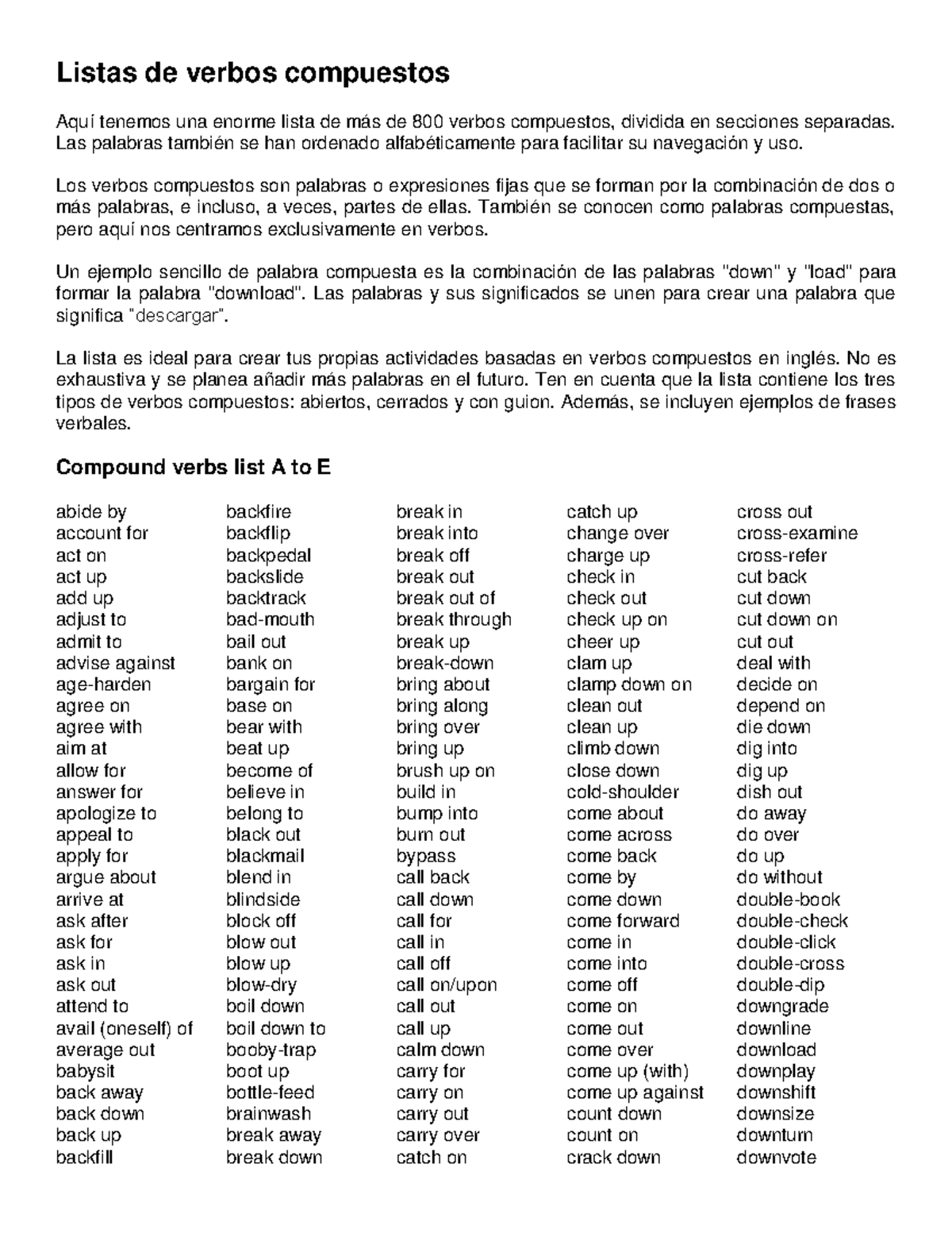 Lista de Verbos Compuestos: Más de 800 Ejemplos y Usos - Studocu
