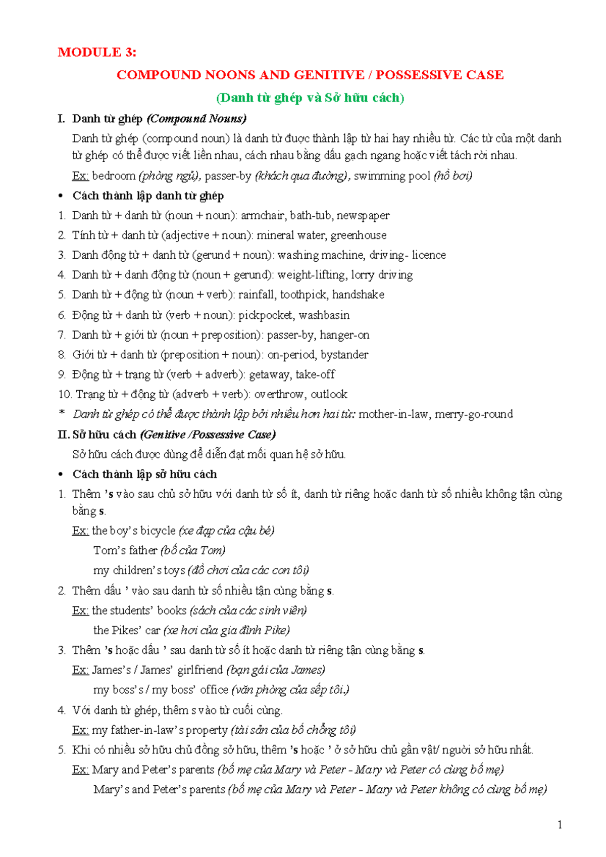 MODULE 3: COMPOUND NOUNS & GENITIVE CASE (Danh từ ghép & Sở hữu cách ...