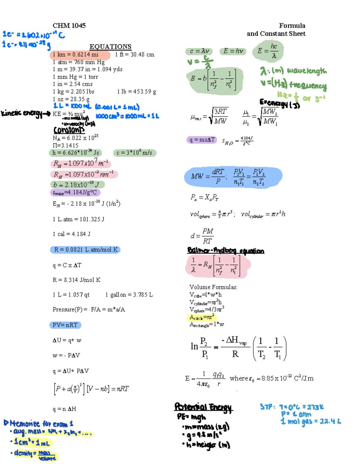 Formulas and Constants for CHM 1045 Exam 1 Cheat Sheet - Studocu