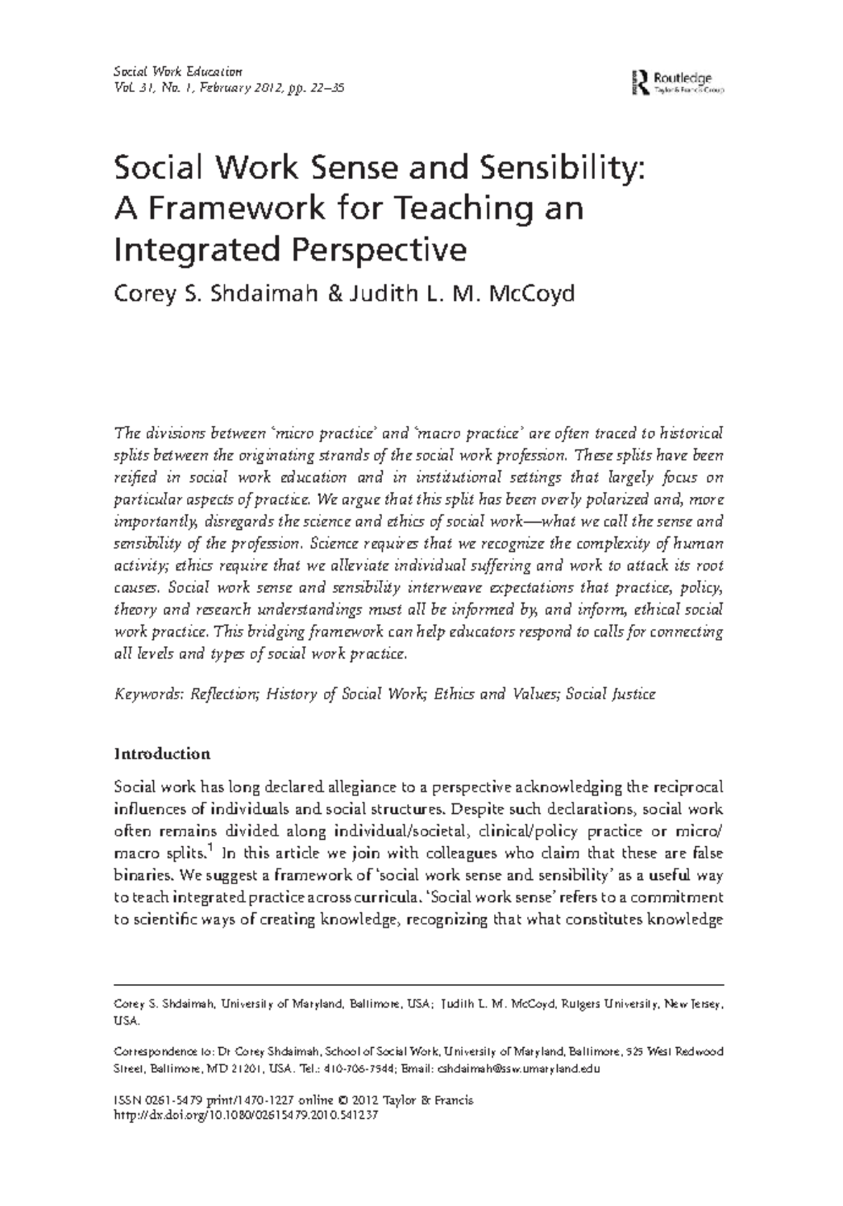 Social Work Sense and Sensibility: Integrating Practices Across ...