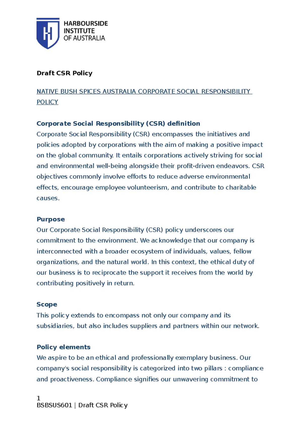 BSBSUS601 Draft Corporate Social Responsibility (CSR) Policy - Studocu