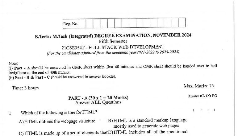 21CSE354T Full Stack Web Development Exam Questions - Nov 2024 - Studocu