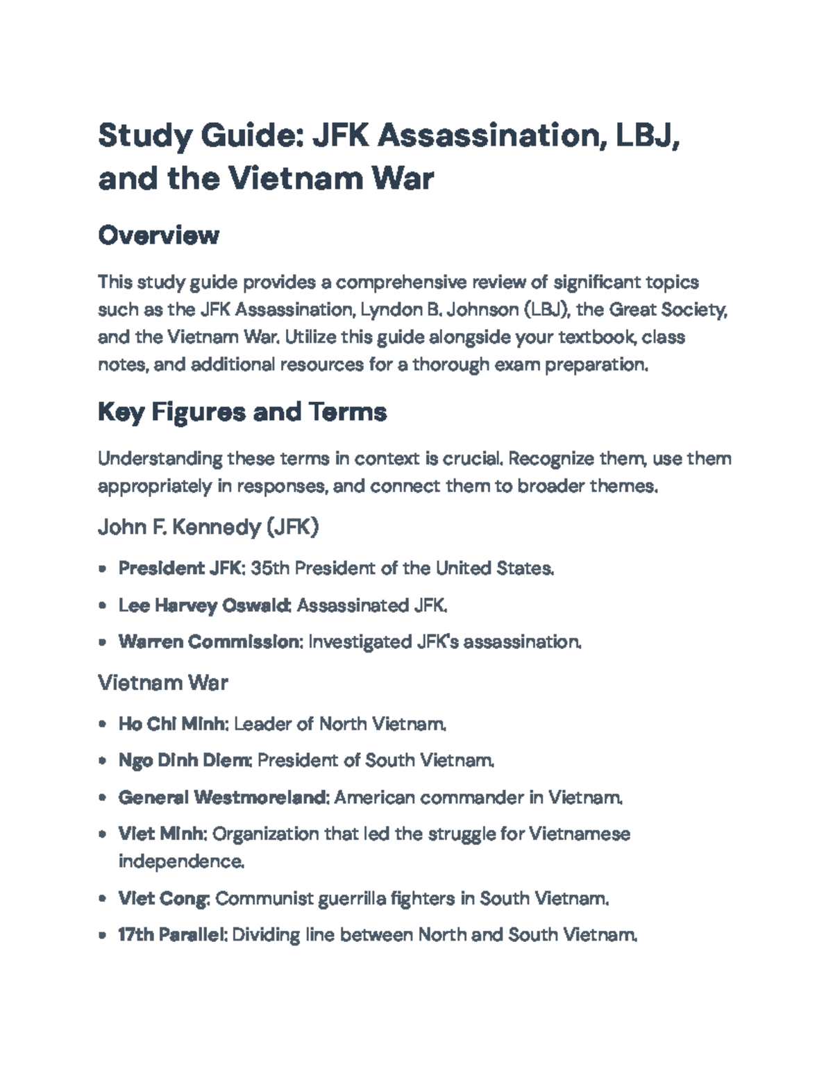 Study Guide: JFK Assassination & Vietnam War Overview (Hist 101) - Studocu