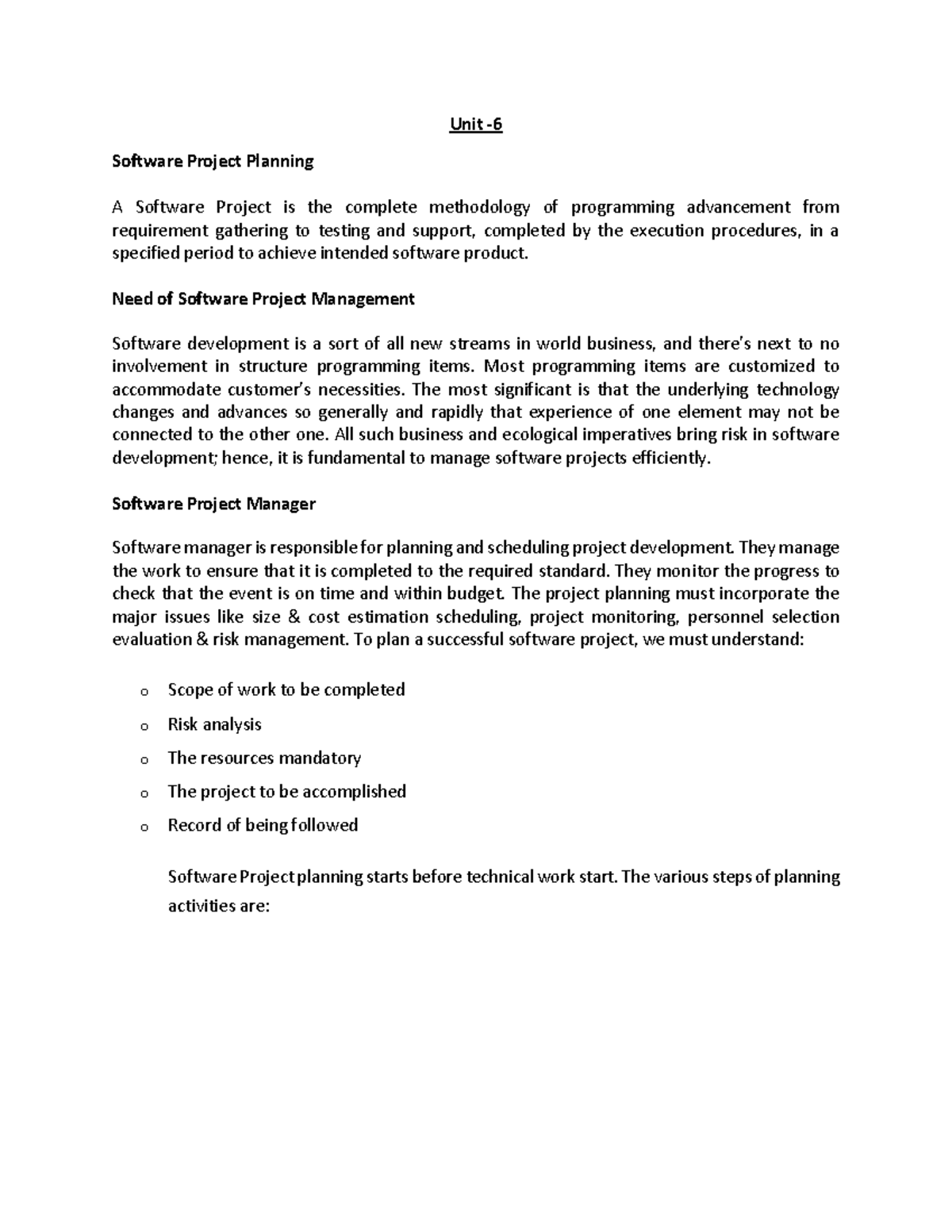 Unit 6 IS - Software Project Planning Notes and Management Insights ...
