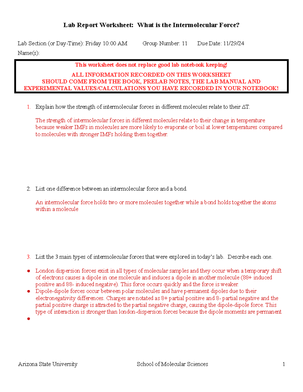 Intermolecular Forces Lab Report Worksheet: Key Concepts & Analysis ...