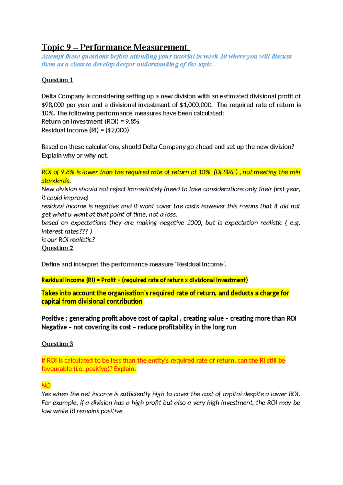 Topic 9 Tutorial Exercises - Topic 9 – Performance Measurement Attempt ...