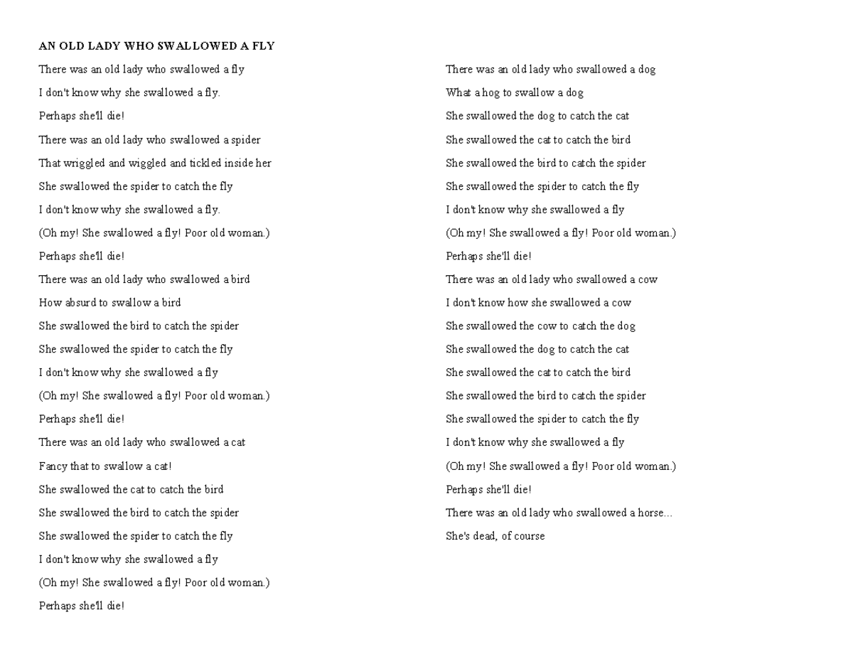 AN OLD LADY WHO SWALLOWED A FLY - A Classic Children's Poem - Studocu