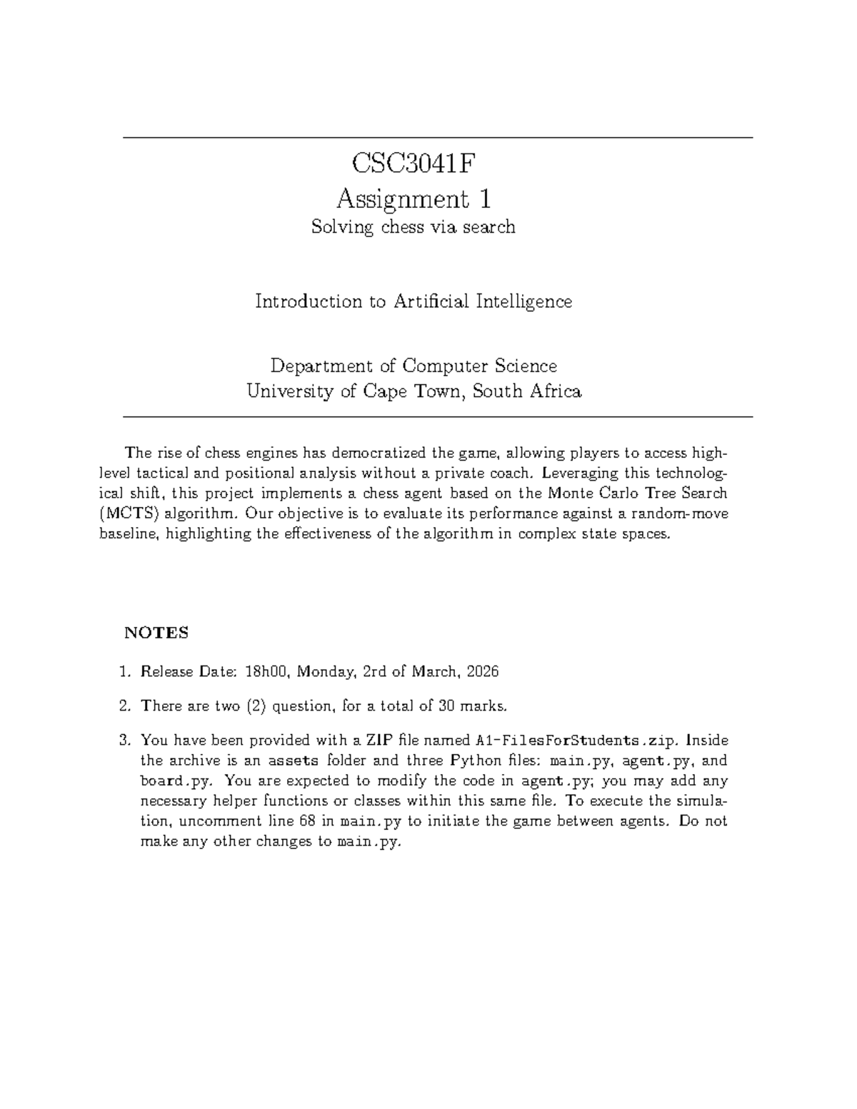 CSC3041F Assignment 1: Implementing a Chess Agent with MCTS - Studocu