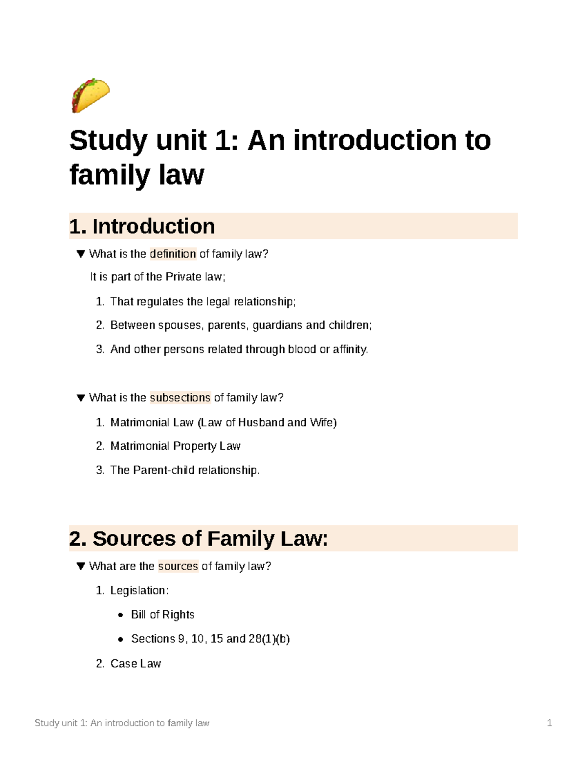 Study Unit 1: Overview of Family Law Principles and Sources - Studocu