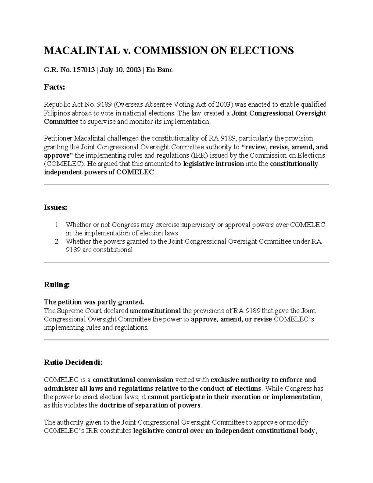 MACALINTAL v. COMMISSION ON ELECTIONS G.R. No. 157013 Case Digest - Studocu