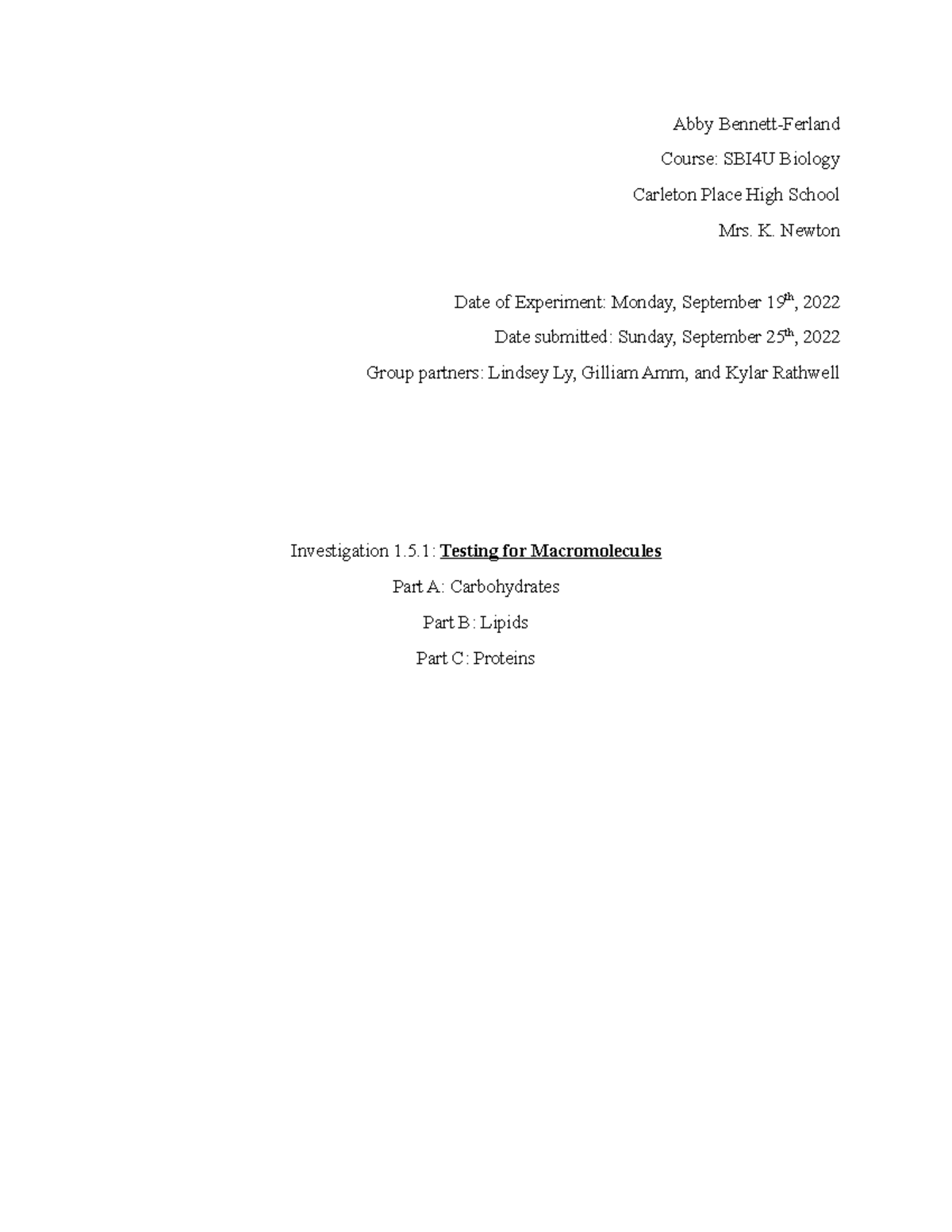 SBI4U Lab Report: Testing for Macromolecules in Household Foods - Studocu