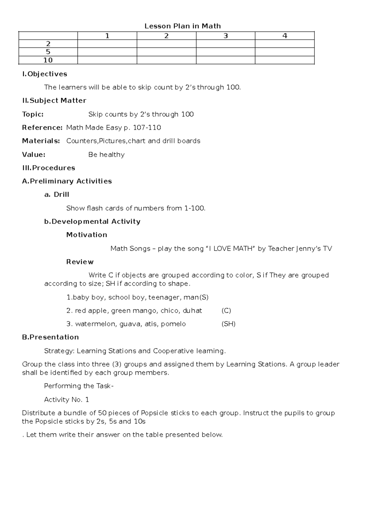 Lesson Plan: Skip Counting Through 100 for Math 2 3 1 2 5 10 4 - Studocu