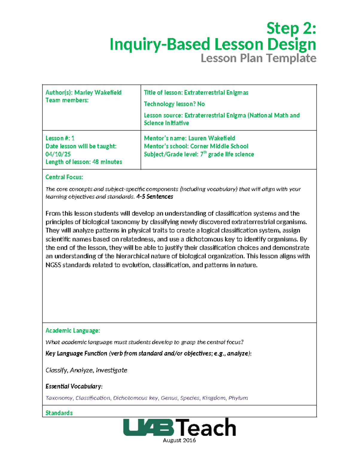Step 2 Lesson Plan Template - Step 2: Inquiry-Based Lesson Design ...