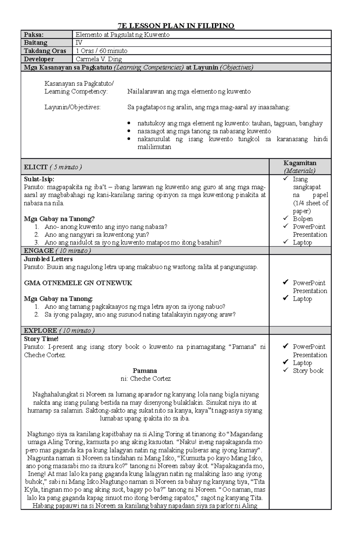 Grade 4 Filipino Lesson Plan: Elements and Writing of Stories - Studocu
