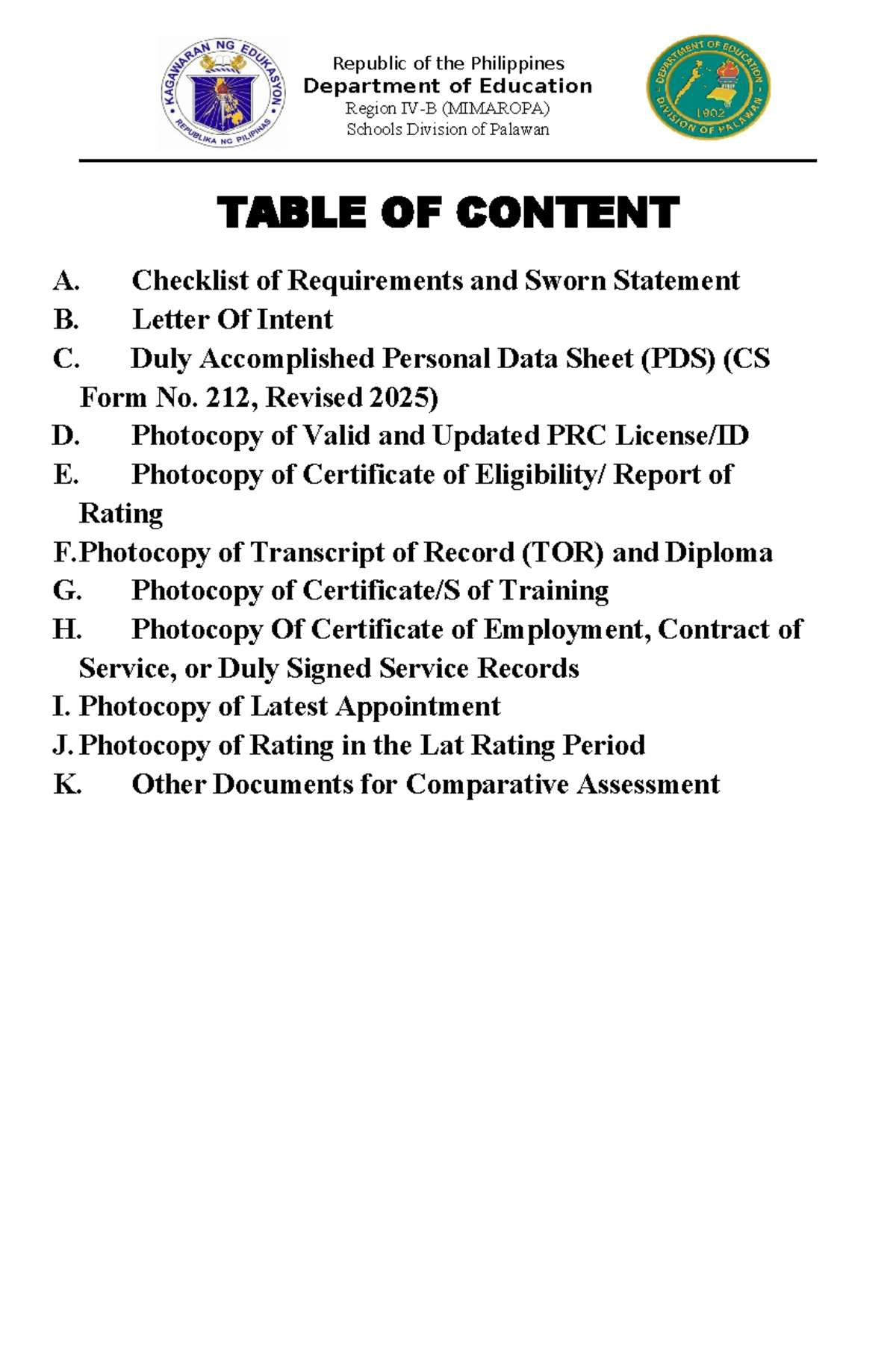 Checklist of Requirements for Teacher I Application - DepEd MIMAROPA ...