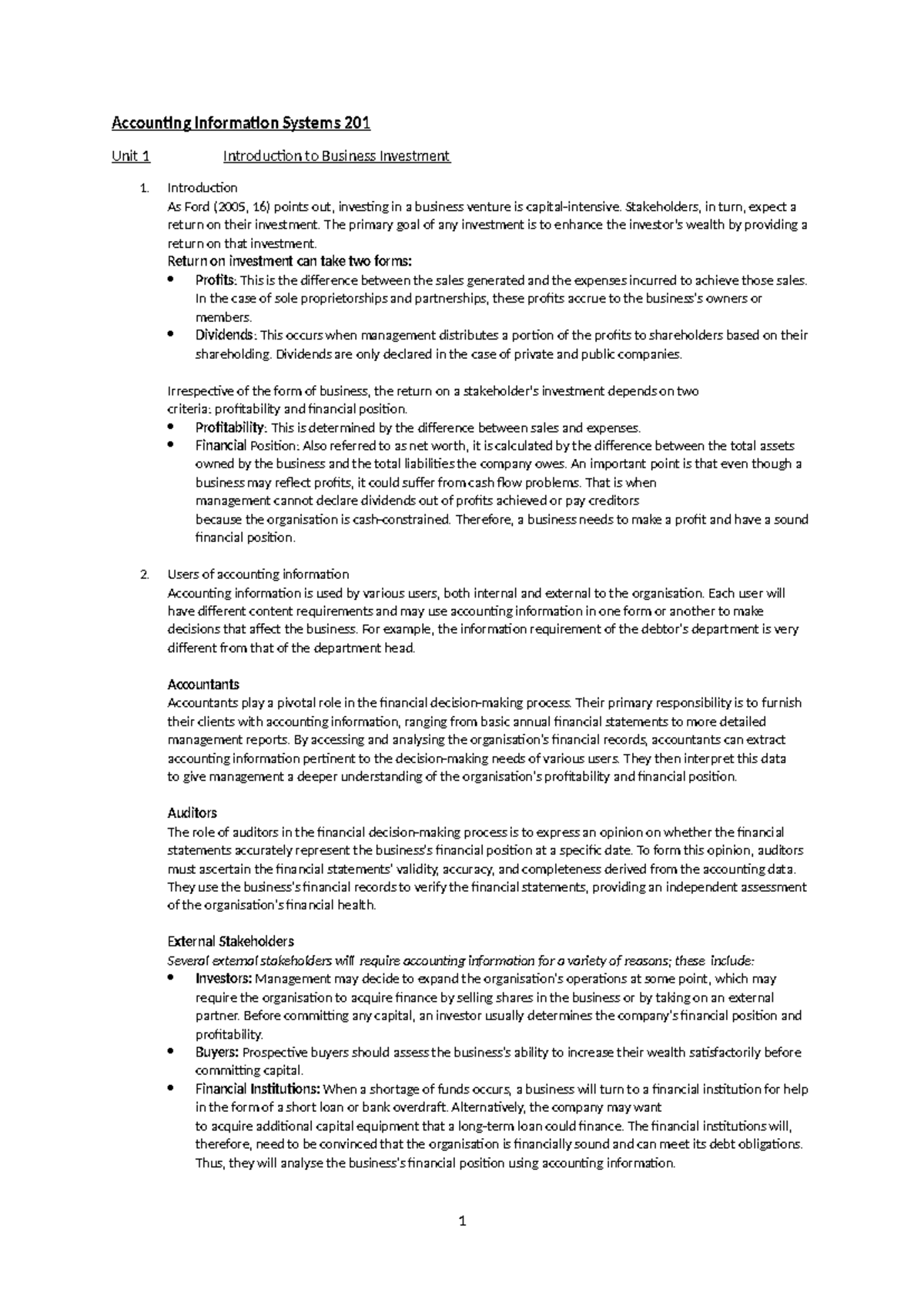 Accounting Information Systems 201: Unit 1 - Intro to Business ...
