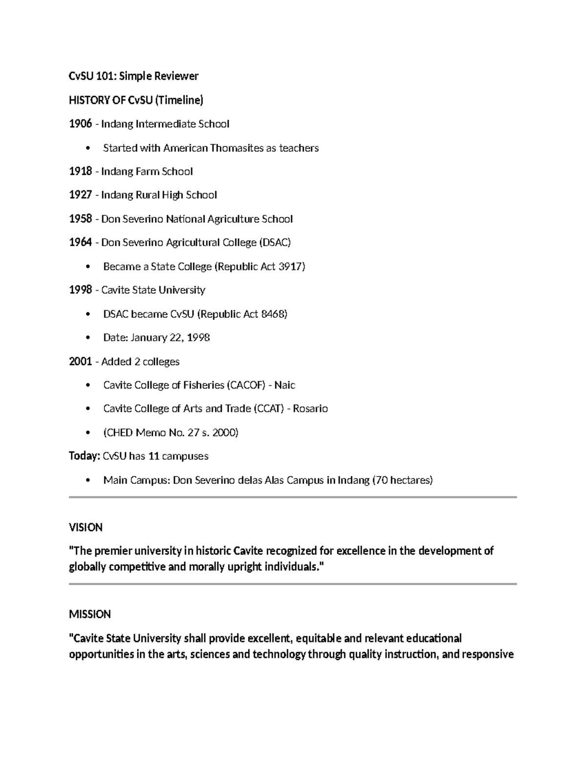 CvSU 101: Midterm Reviewer on the History of CvSU (Timeline) - Studocu