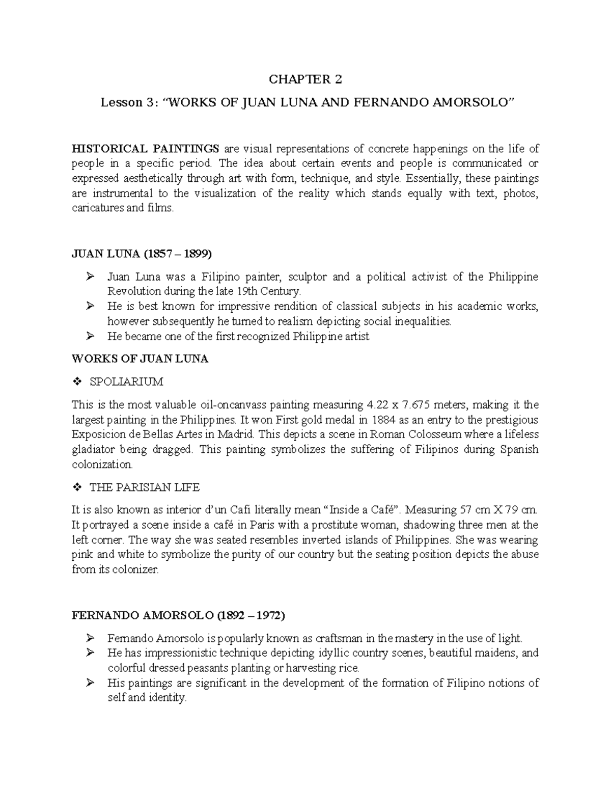 CH 2 Lesson 3: Summary of Works by Luna & Amorsolo 031026 - Studocu