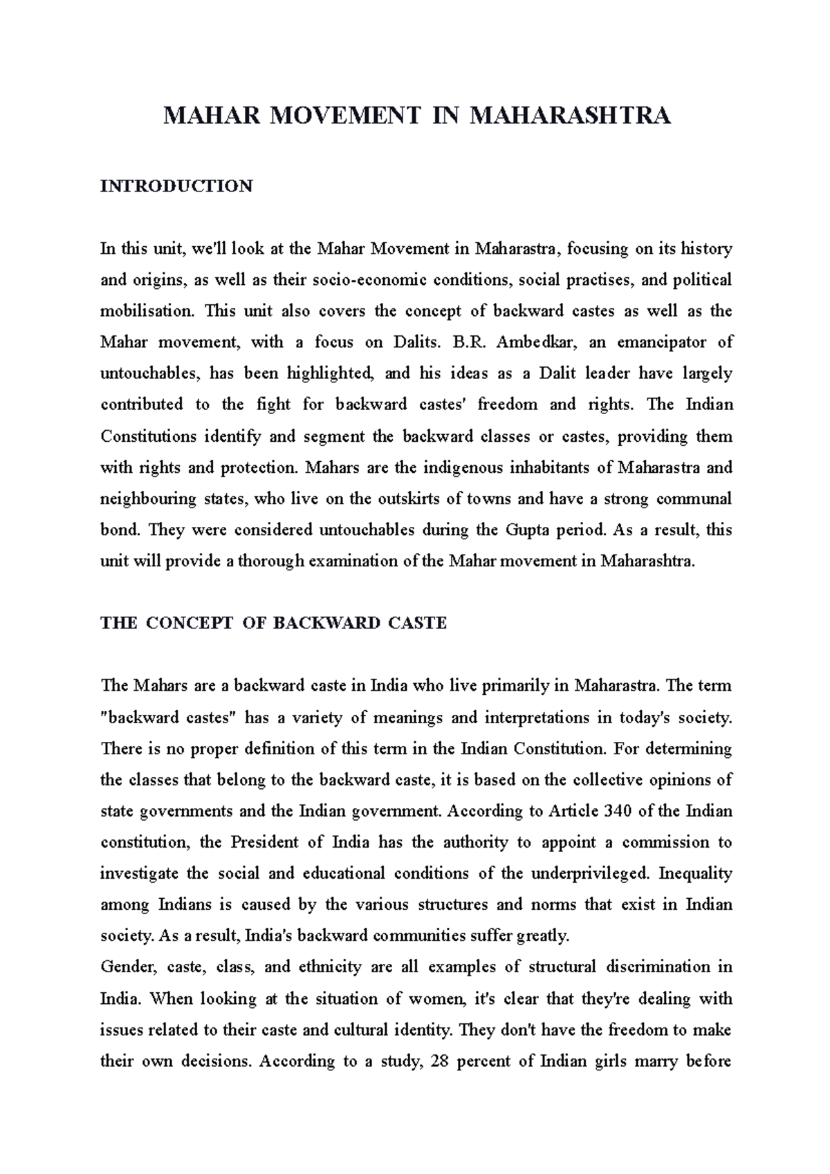 Mahar Movement in Maharashtra: Historical and Social Perspectives - Studocu