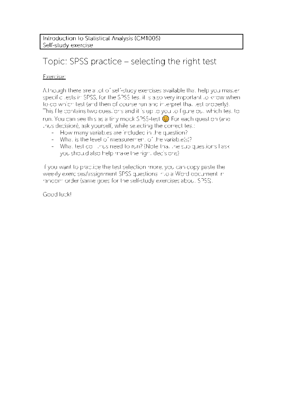 CM1005 SPSS Practice: Selecting the Correct Statistical Test - Studeersnel