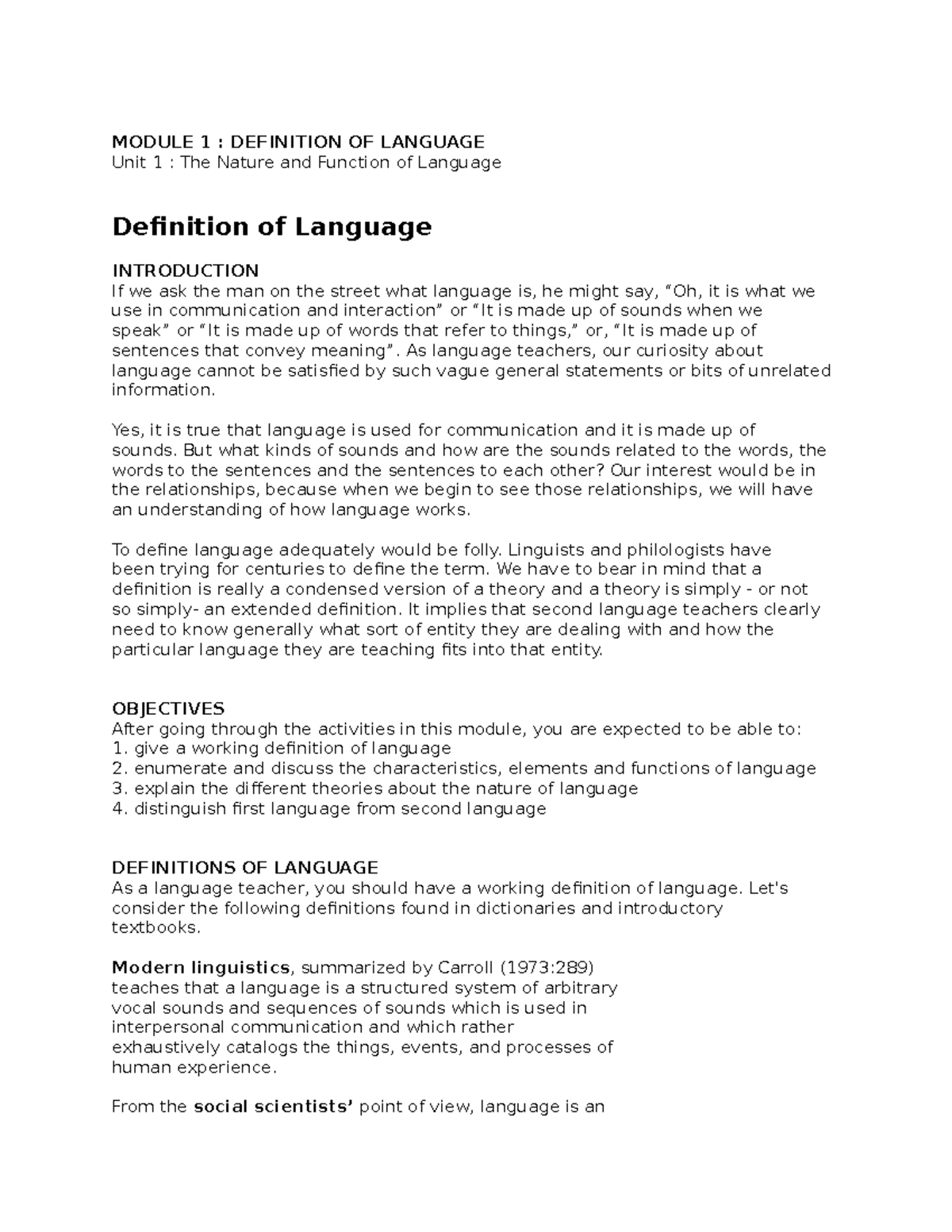 Module 1: Definition of Language and Its Functions - Studocu