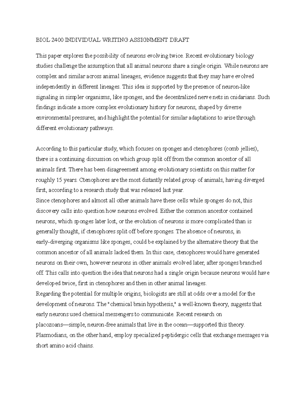 individual assignment - BIOL 2400 INDIVIDUAL WRITING ASSIGNMENT DRAFT ...