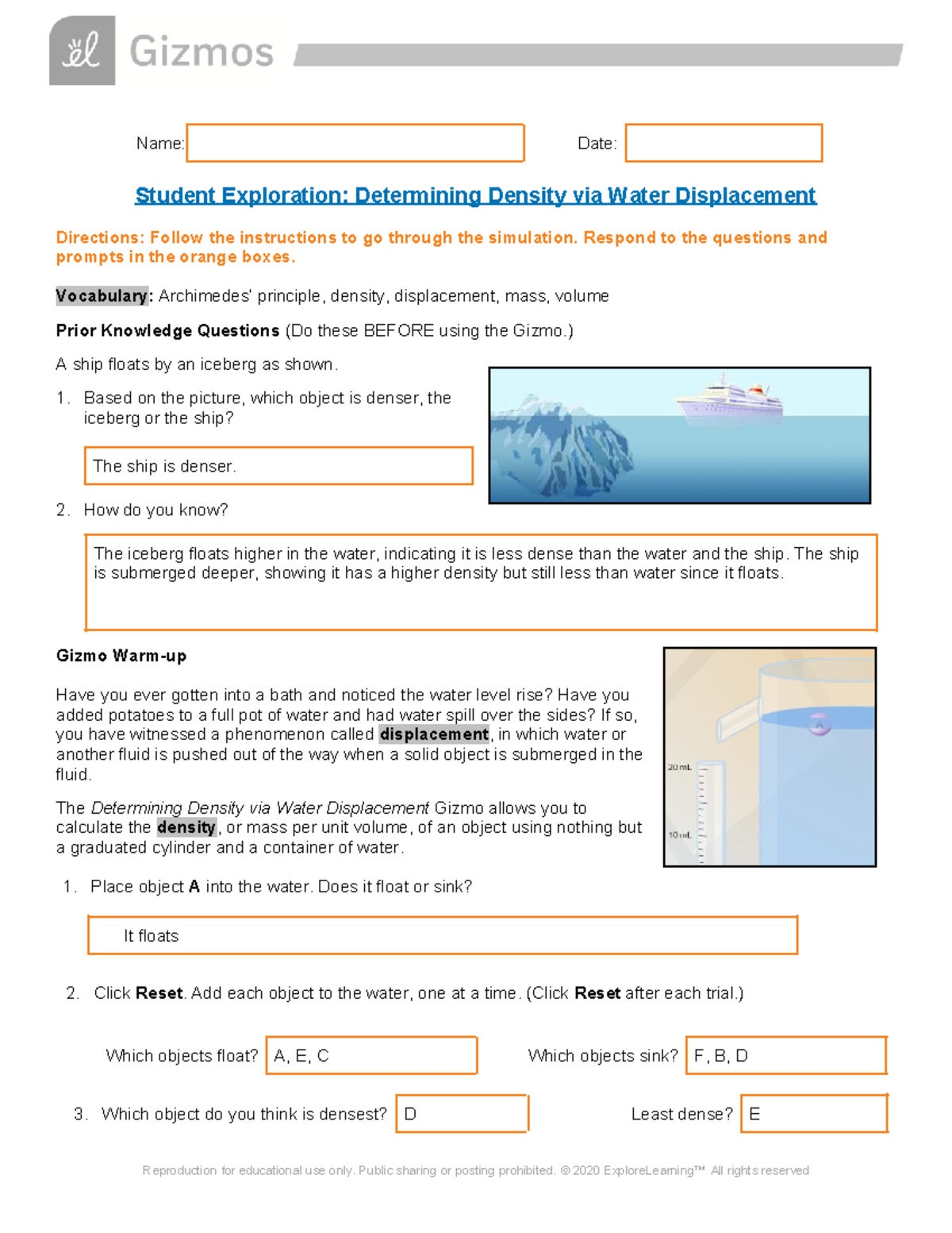 Density Water SE - Gizmos - Name: Date: Student Exploration ...