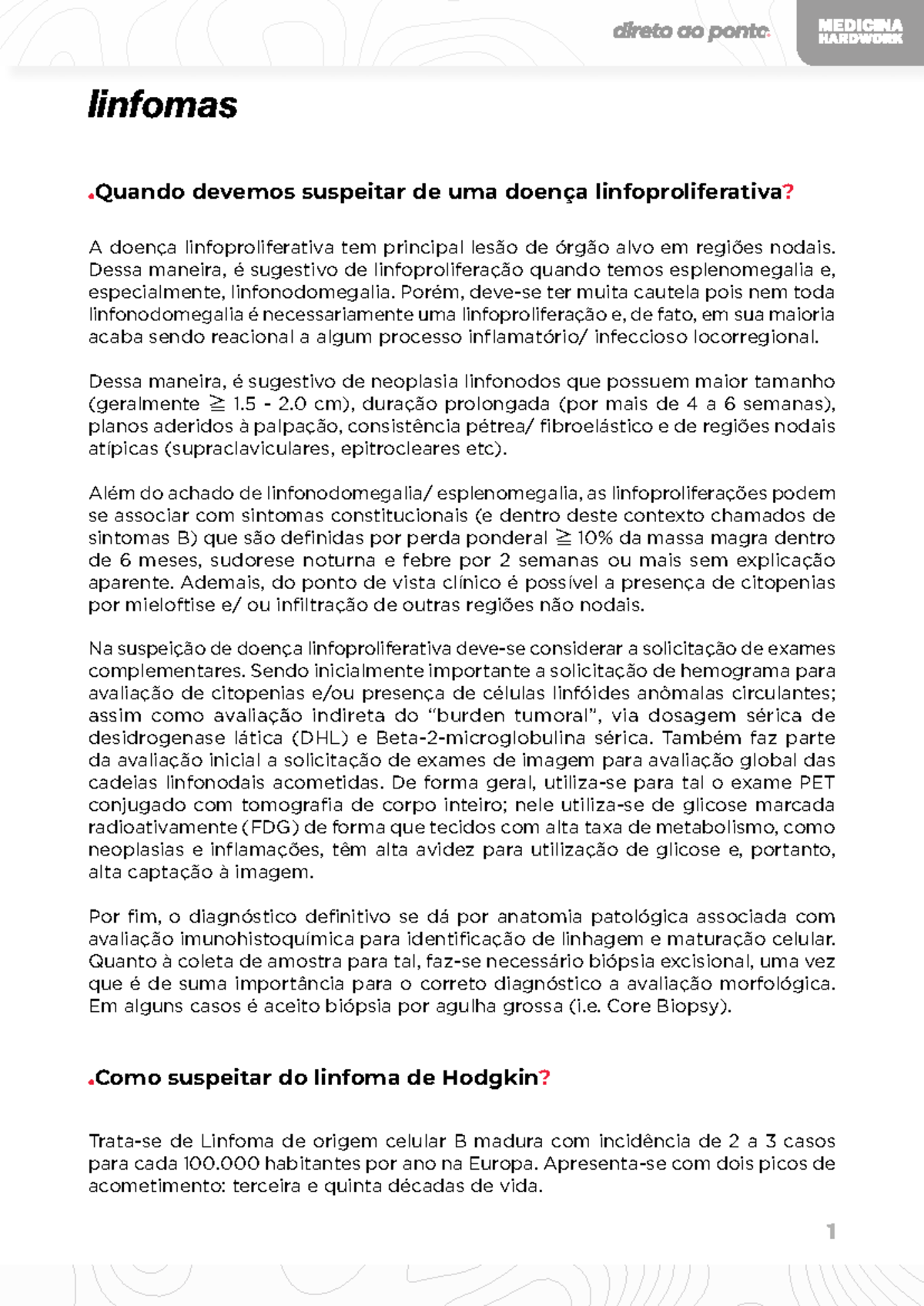 Linfomas: Suspeita e Diagnóstico em Doenças Linfoproliferativas - Studocu