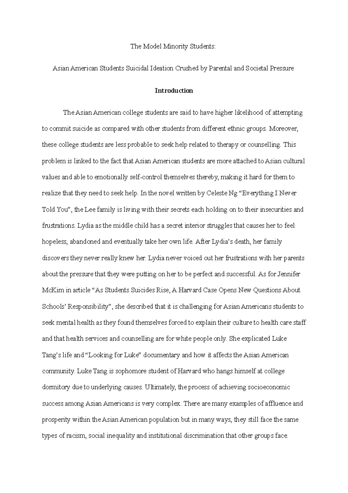 Essay 3 - The Model Minority Students: Asian American Students Suicidal ...