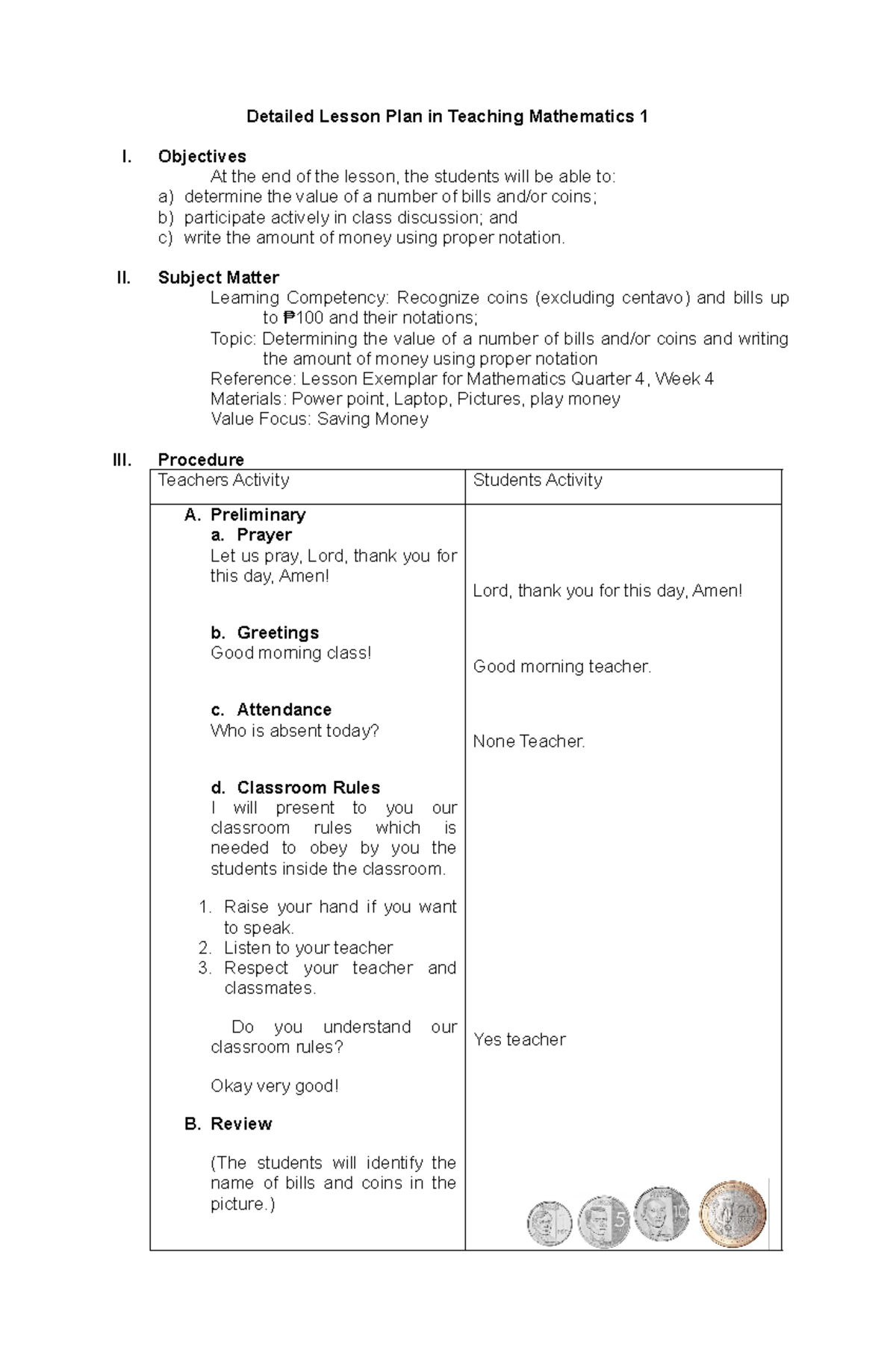 MATH1LP1 - Grade 1 Mathematics Lesson Plan on Money Notation - Studocu