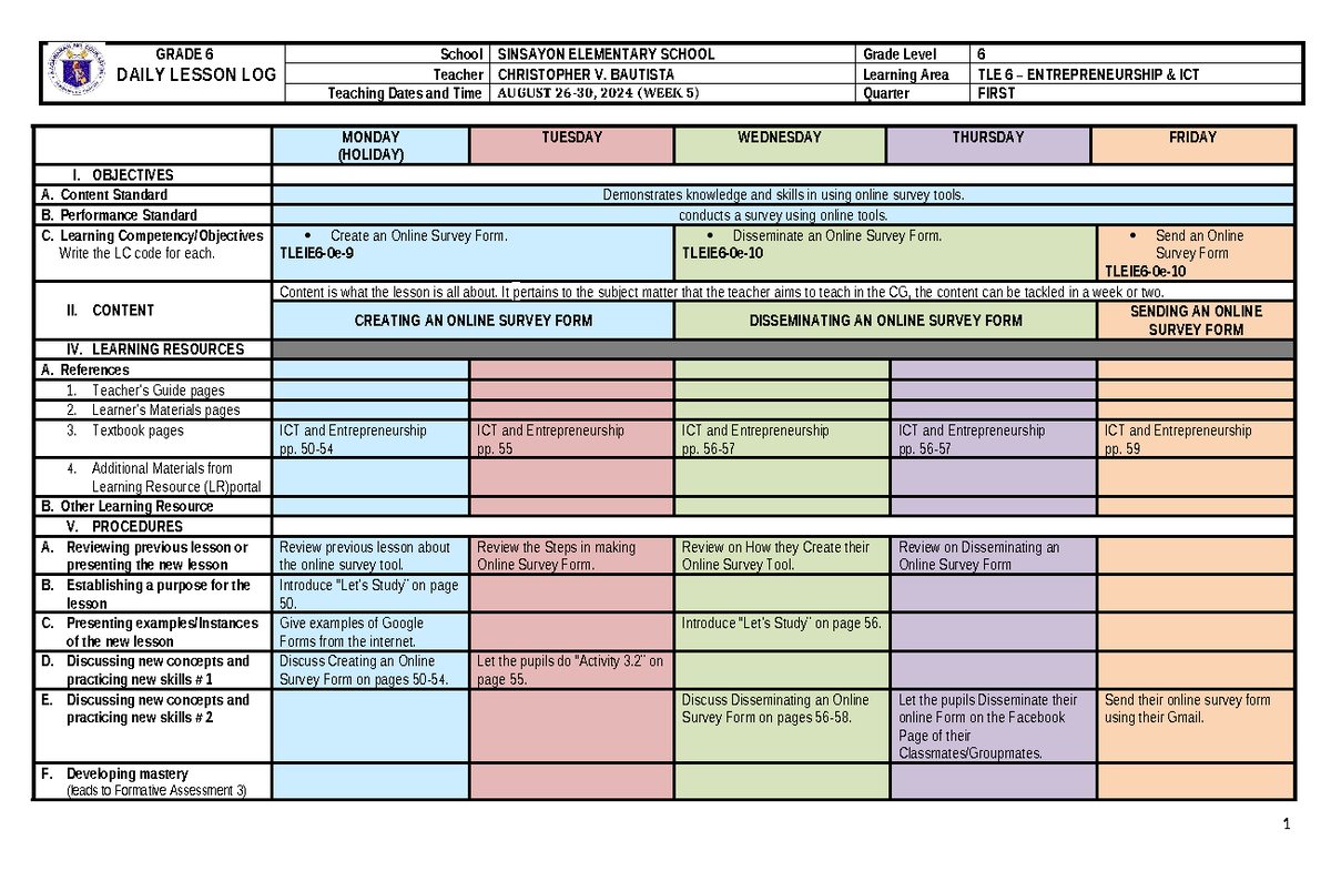 DLL TLE-ICT WEEK 5 - ICT - GRADE 6 DAILY LESSON LOG School SINSAYON ...