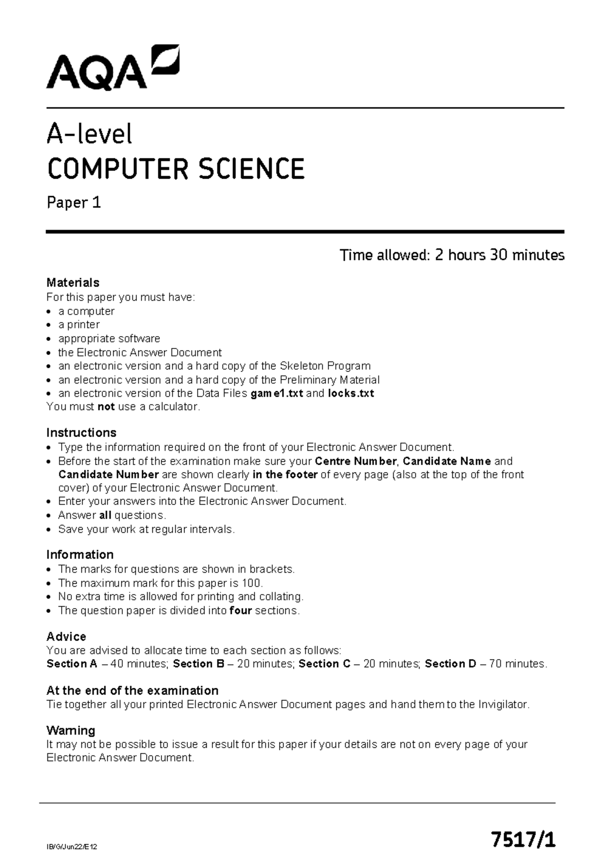 June 2022 AQA Computer Science A-level Paper 1 Exam Guide - Studocu