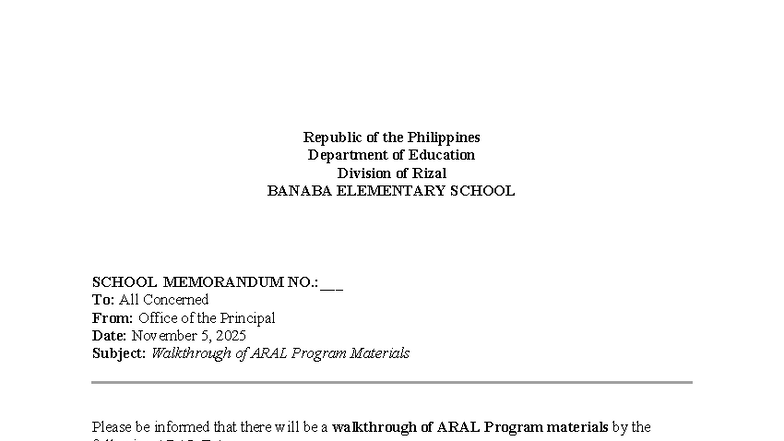 ARAL Program Materials Walkthrough Memo - Nov 6, 2025 - Studocu